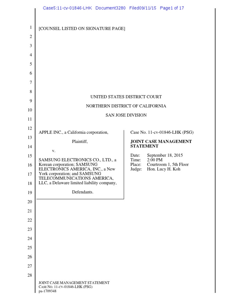 15-09-11 Apple-Samsung Joint Case Management Statement | PDF | Patent Infringement | Damages