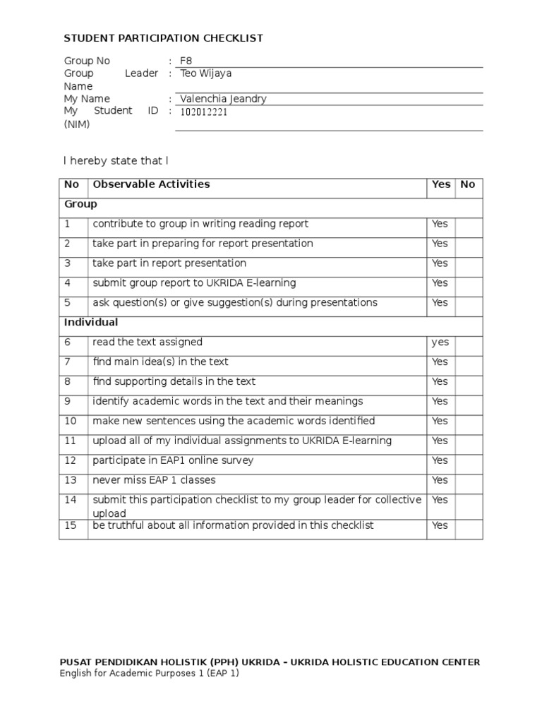 F8 Participation Checklist | PDF | Educational Technology | Learning ...