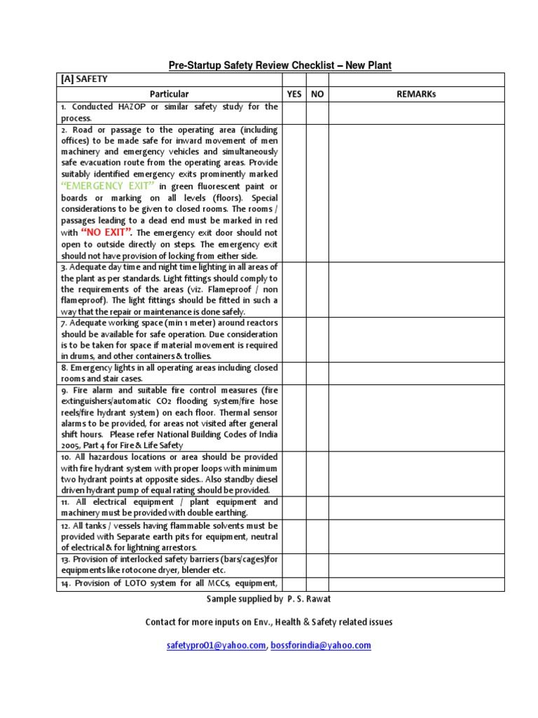 Sample Pre-Startup Safety Review Checklist | Safety | Nature