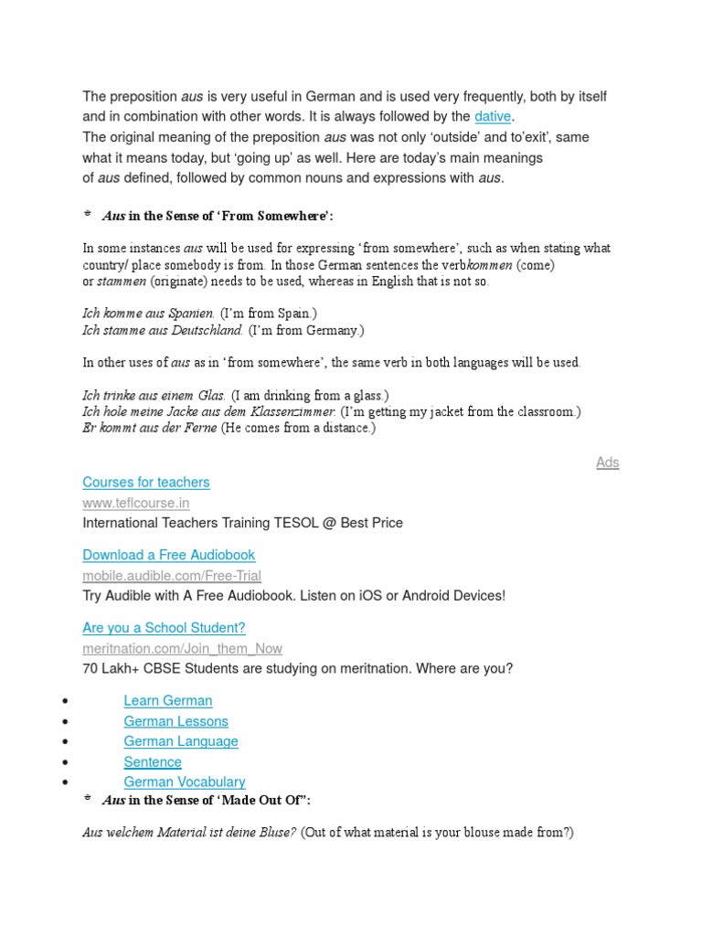 Understanding the German Preposition "Aus" | PDF | Preposition And ...