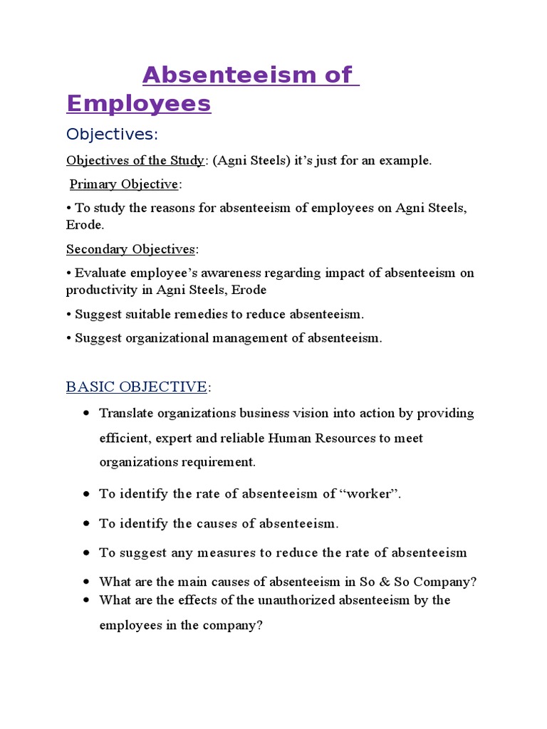 Absenteeism of Employees - Objectives | PDF | Employment | Human Resources