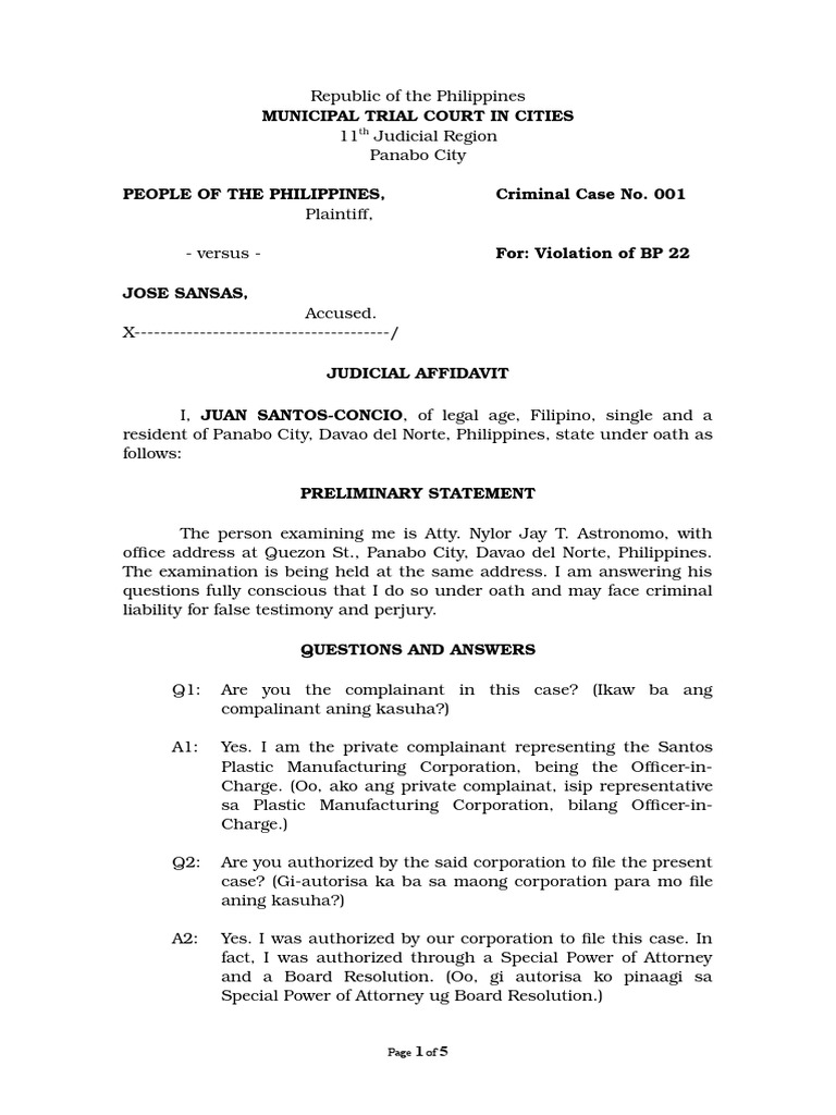 judicial affidavit bp22.doc | Perjury | Legal Communication