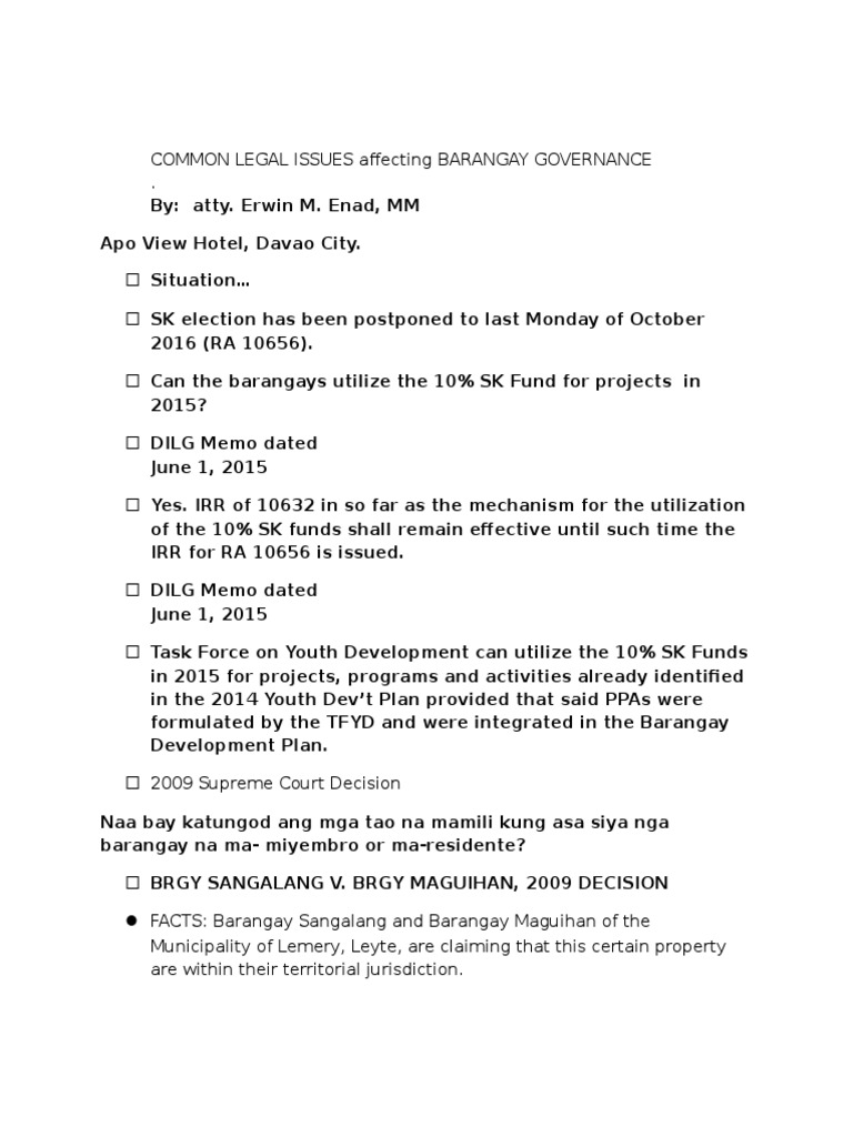 Common Legal Issues Affecting Barangay Governance | PDF | Toll Road ...