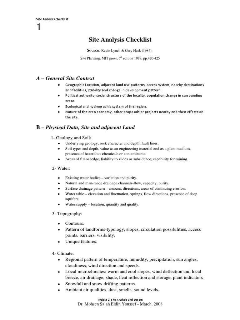 Site Analysis Checklist Kevin Lynch For VTH Sem | PDF | Wound | Water