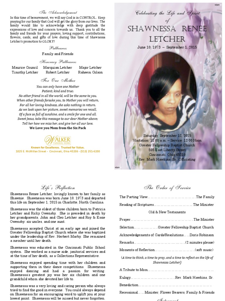 Shawnessa Renee Letcher Funeral Program | PDF | Funeral | Religious ...