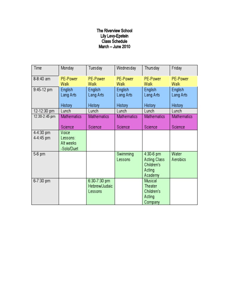 Lily May Evans' Class Schedule 2010 | PDF | Language Arts & Discipline ...