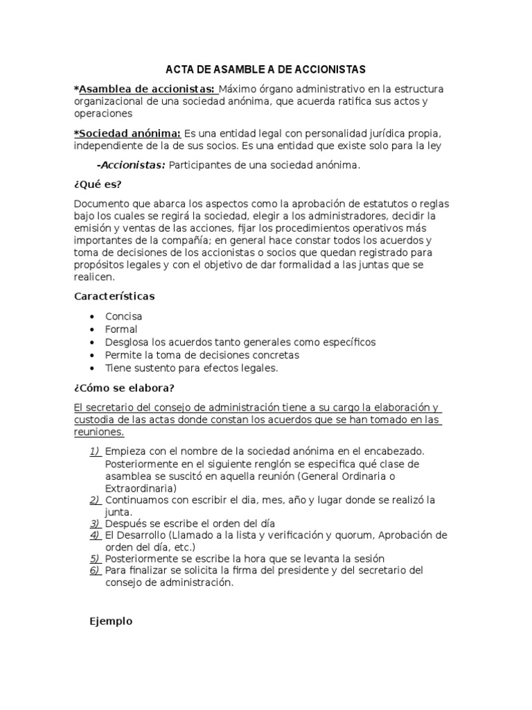 Acta De Asamblea De Accionistas Pdf