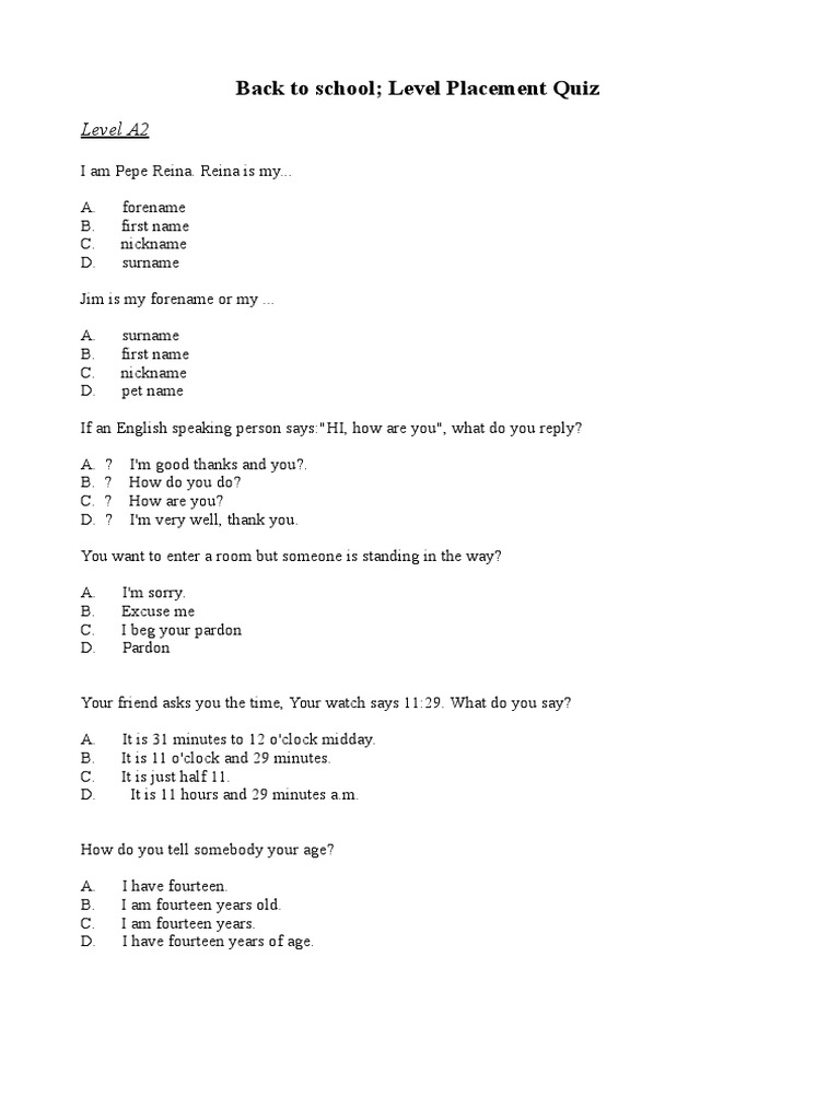 Placement Quiz A2 To B2.odt | PDF | Grammatical Gender | Adverb