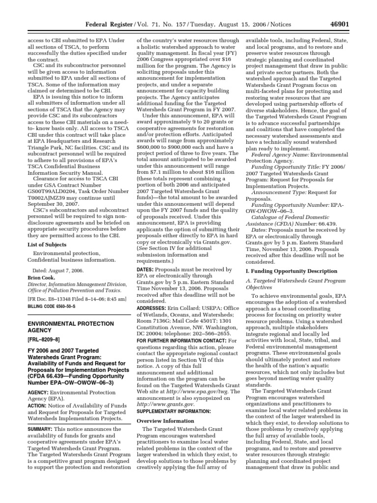 Notice: Grants and Cooperative Agreements Availability, Etc.: Targeted Watersheds Program | PDF ...