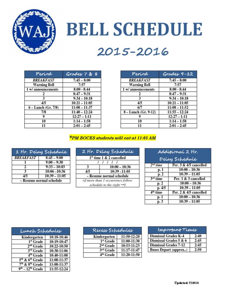 2015-2016 School Bell Schedule | PDF | Cooking, Food & Wine | Wellness