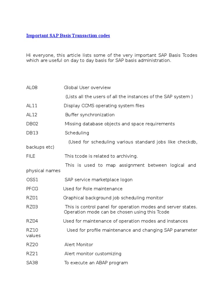 SAP Basis Transaction Codes | PDF | Computer Architecture | Data Management