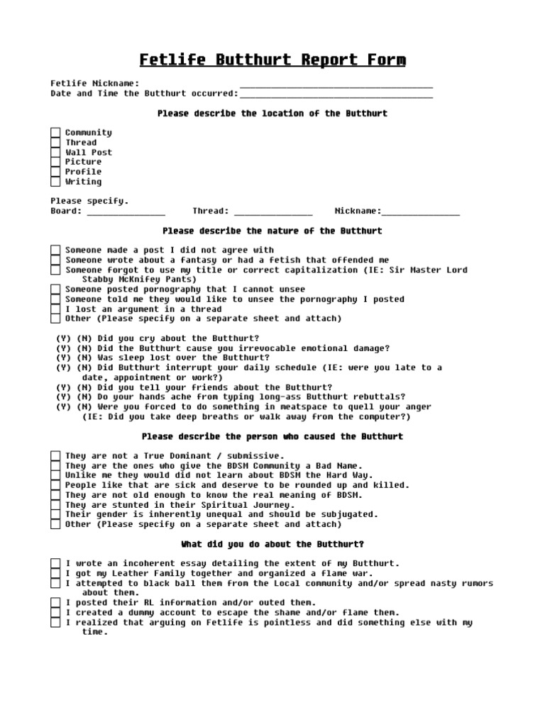 Fetlife Butthurt Report Form | Bdsm