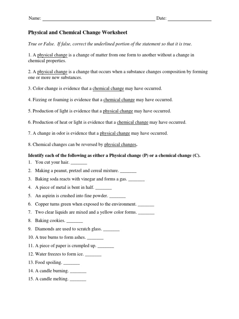 Changes Worksheet | PDF | Chemical Substances | Glasses