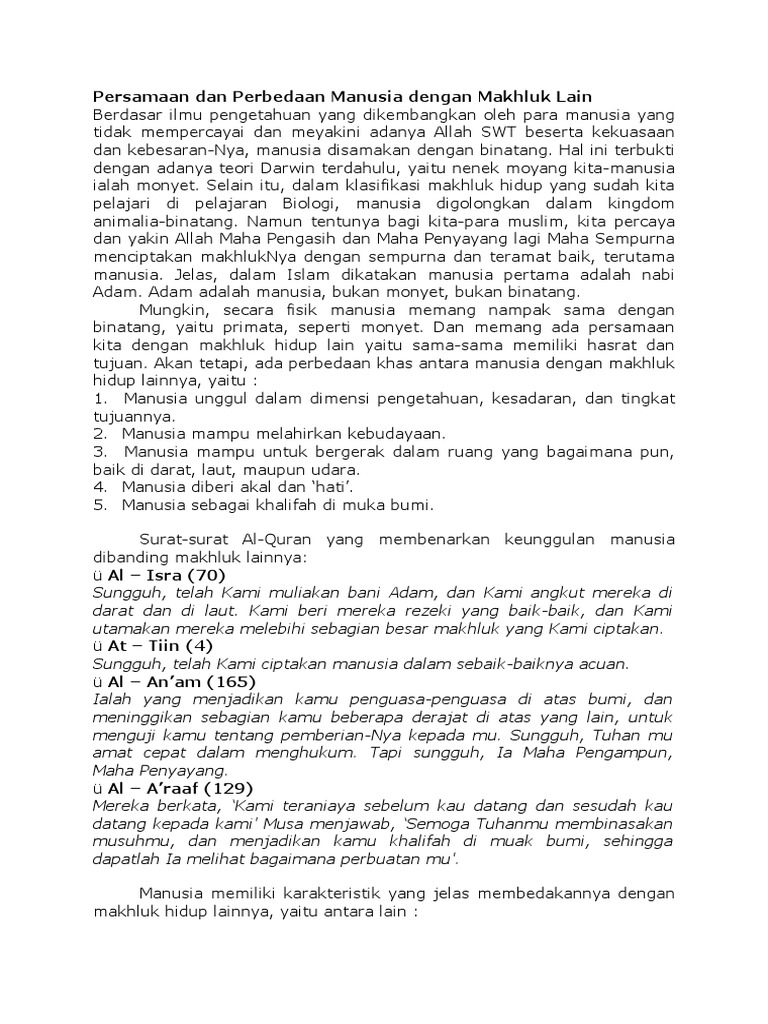 Persamaan Dan Perbedaan Manusia Dengan Makhluk Lain | PDF