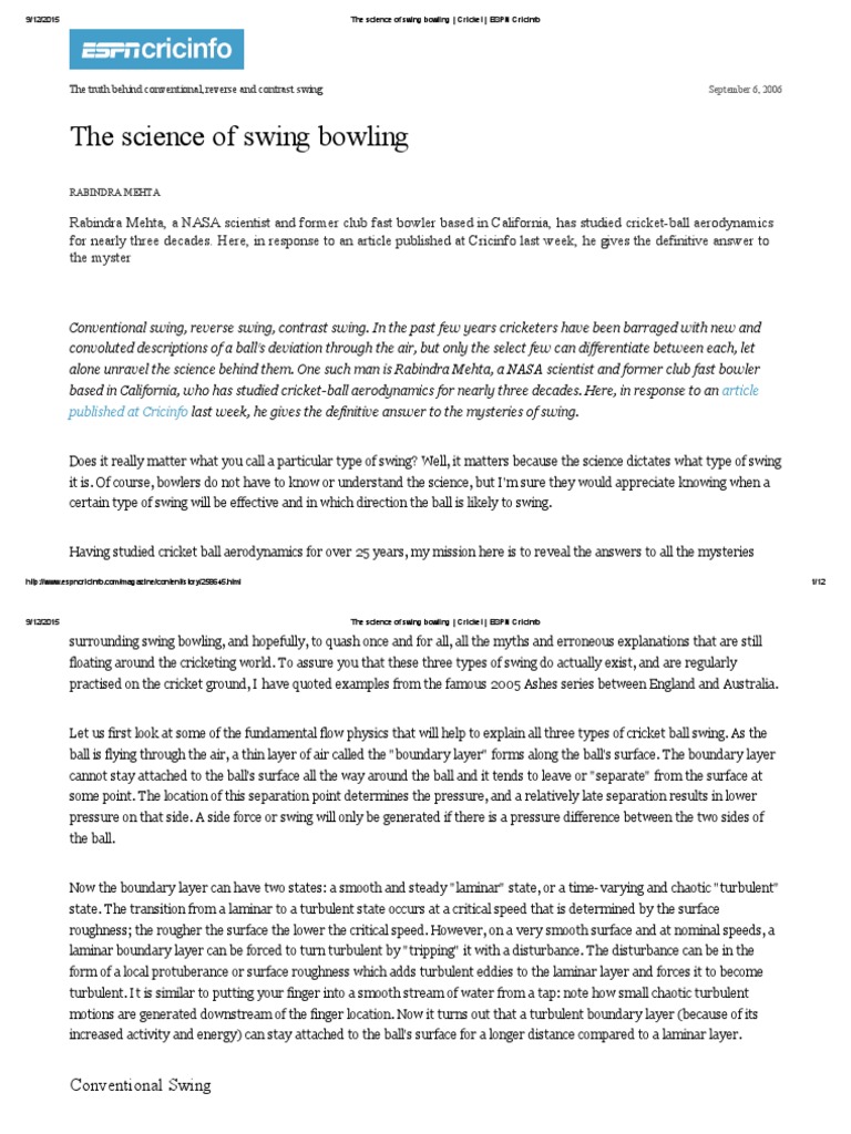 The Science of Swing Bowling - Cricket - ESPN Cricinfo | PDF | Bowling ...