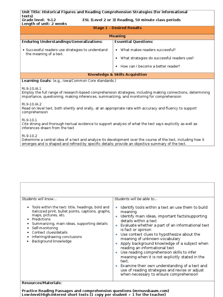 UbD stages 1 & 2 | Reading Comprehension | Educational Assessment