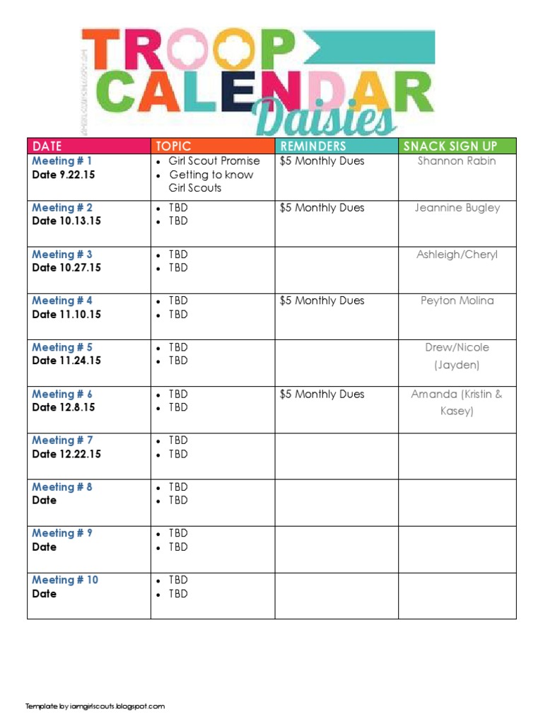Troop 60133 Meeting Schedule 2015-16 | PDF