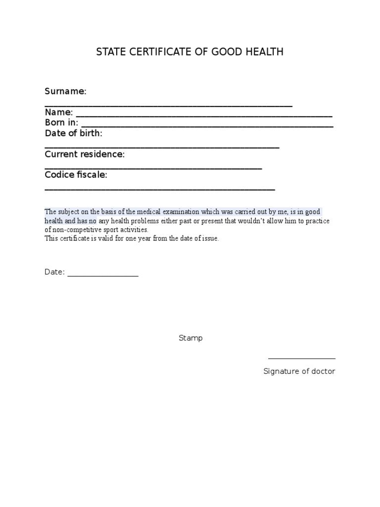State Certificate of Good Health | PDF | Lifestyle