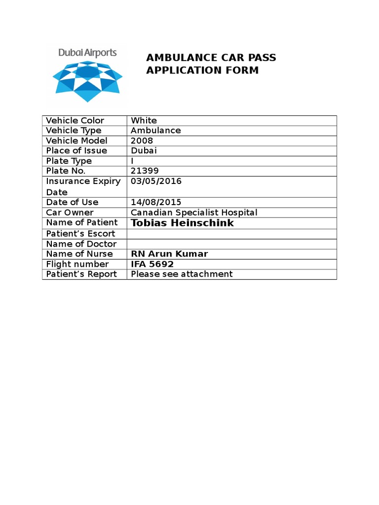 Ambulance Car Pass Application Form | PDF