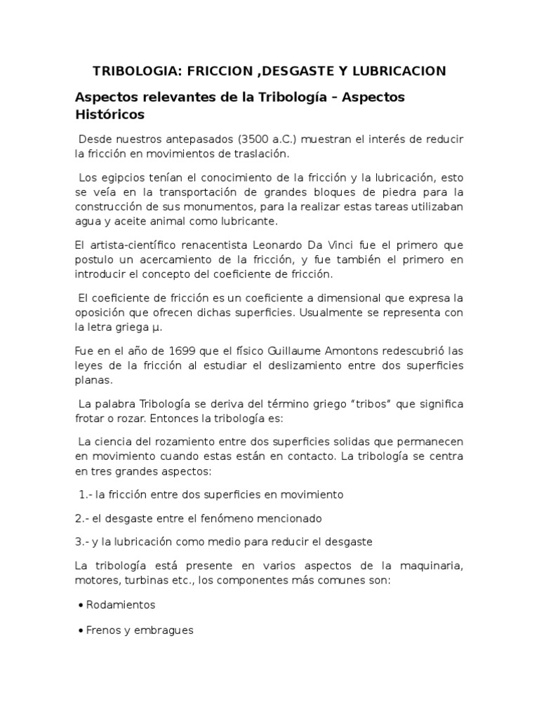 LECTURA 1 TRIBOLOGIA Friccion, Desgaste y Lubricacion | PDF | Fricción ...