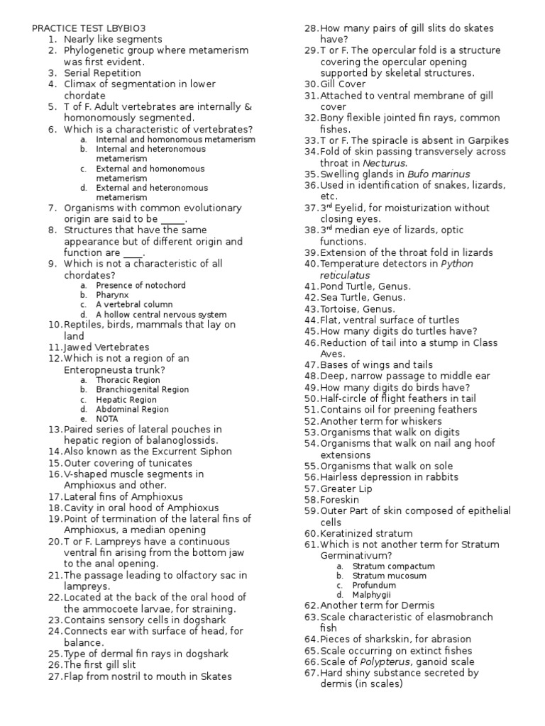 Comparative Anatomy Practice Test | PDF | Vertebrates | Zoology