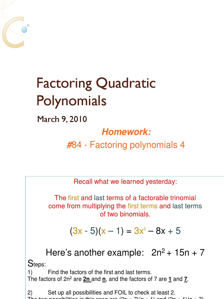 Factoring Quadratic Polynomials | PDF