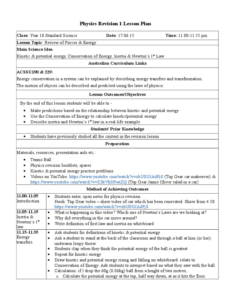 Year 10 Physics Revision Lesson Plan | Kinetic Energy | Potential ...
