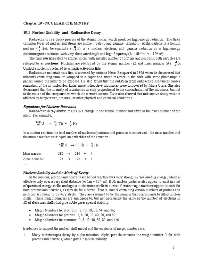 Chapter 19 - Nuclear Chemistry 19.1 Nuclear Stability and Radioactive ...