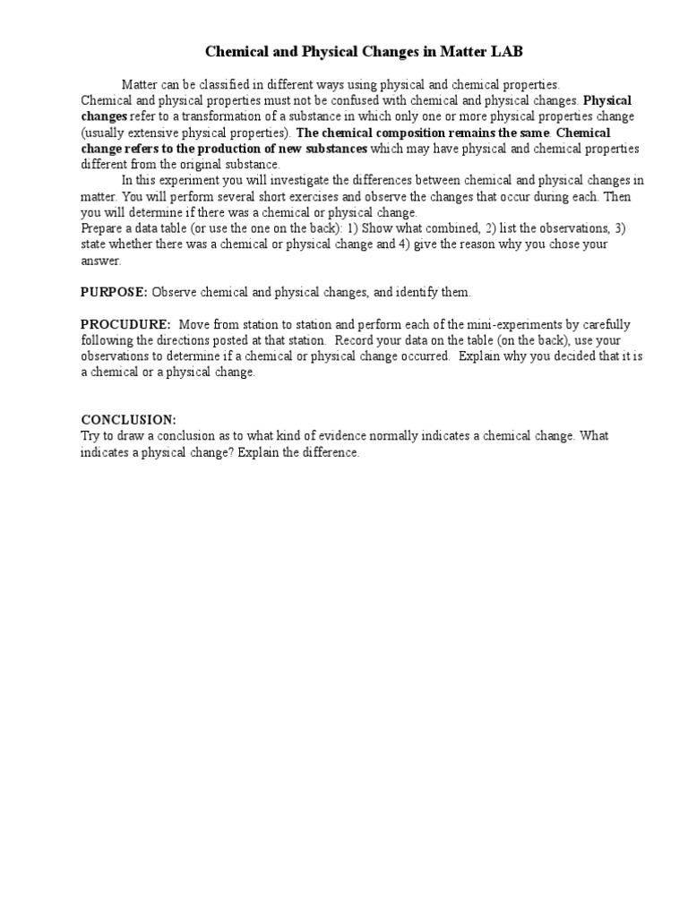 Chemical and Physical Changes in Matter LAB Revised | PDF | Chemical ...
