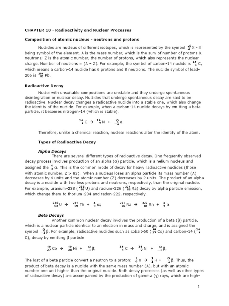CHAPTER 10 - Radioactivity and Nuclear Processes Composition of Atomic ...