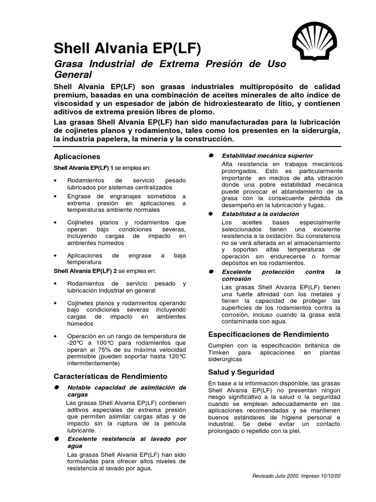 Grasa Shell Alvania EP(LF) Industrial | PDF | Lubricante | Agua