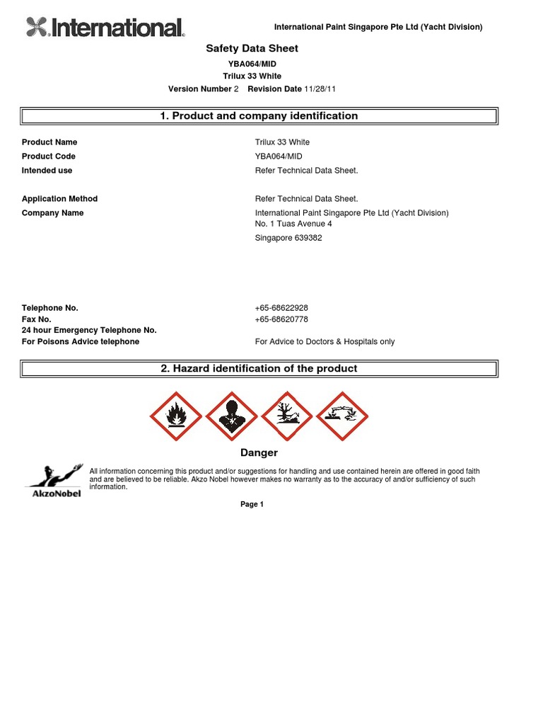 Safety Data Sheet for Trilux 33 White Paint | PDF | Toxicity | Chemistry