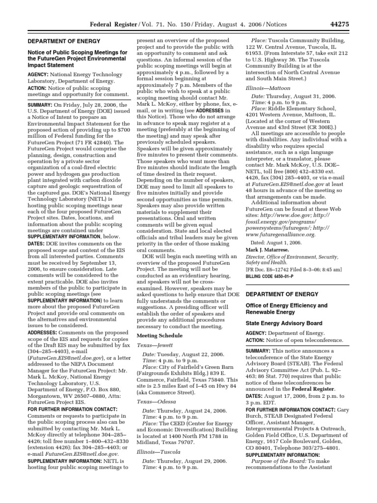 Notice: Environmental Statements Availability, Etc.: State Energy ...