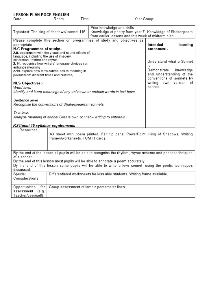 Lesson Plan Pgce English: 2.8. Experiment With The Visual and Sound ...