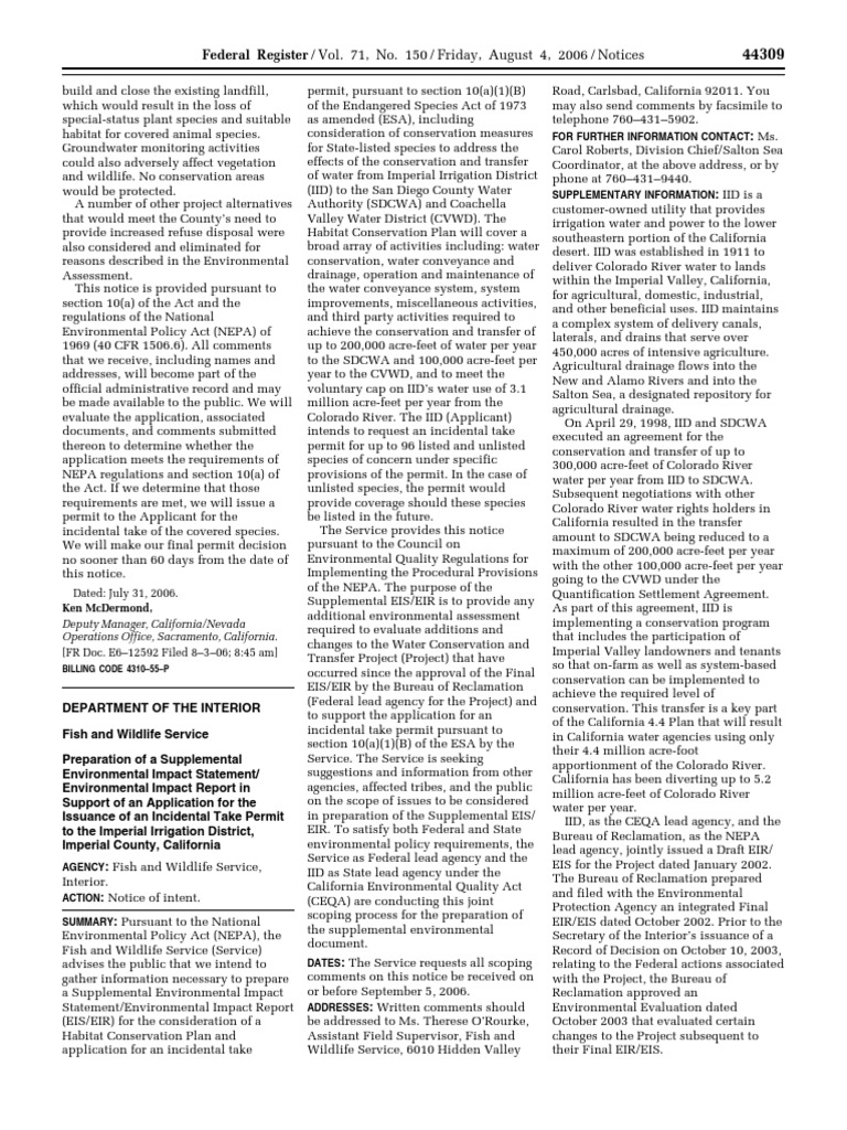 Notice: Environmental Statements Availability, Etc.: Incidental Take ...