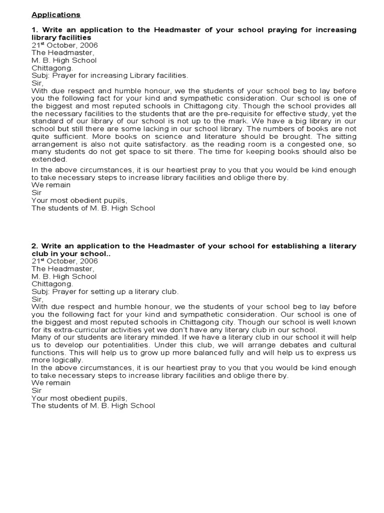 Applications 1. Write An Application To The Headmaster of Your School Praying For Increasing ...