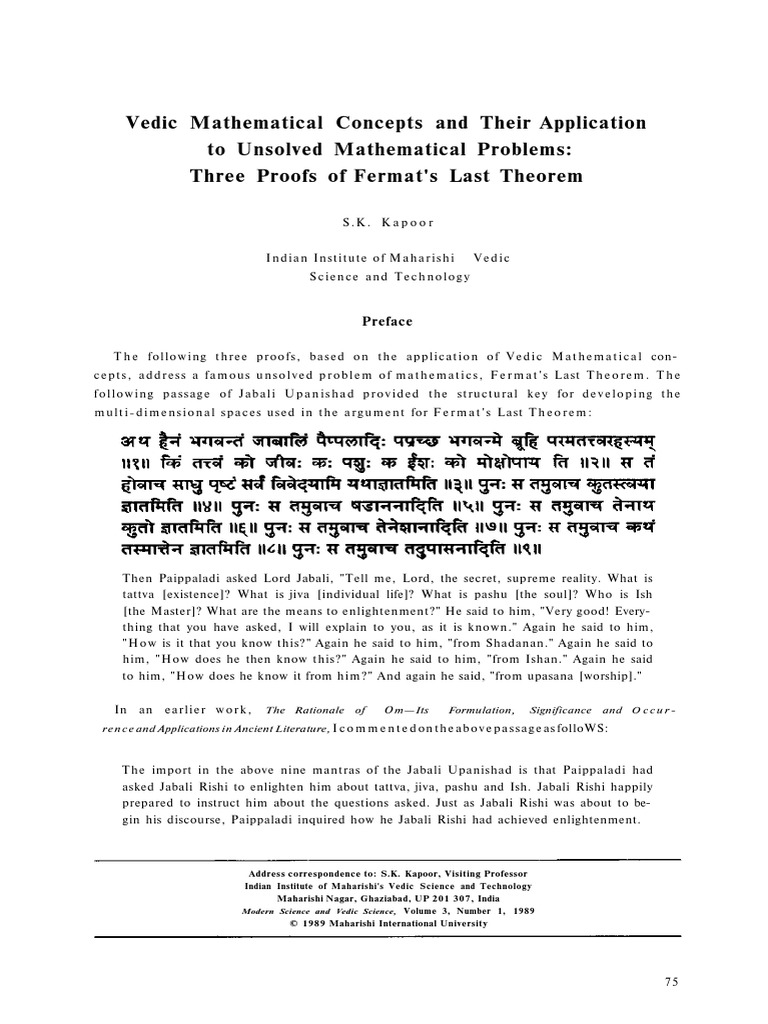 Vedic Mathematical Concepts and Their Application To Unsolved ...