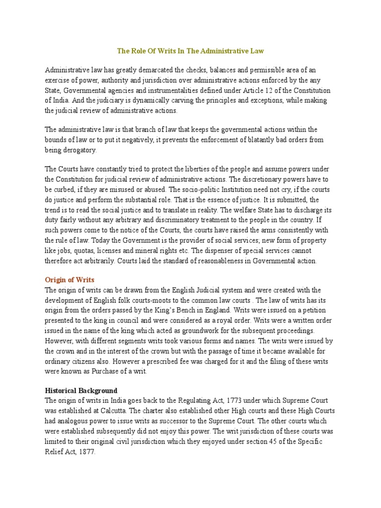 The Role of Writs in The Administrative Law | PDF | Habeas Corpus | Writ