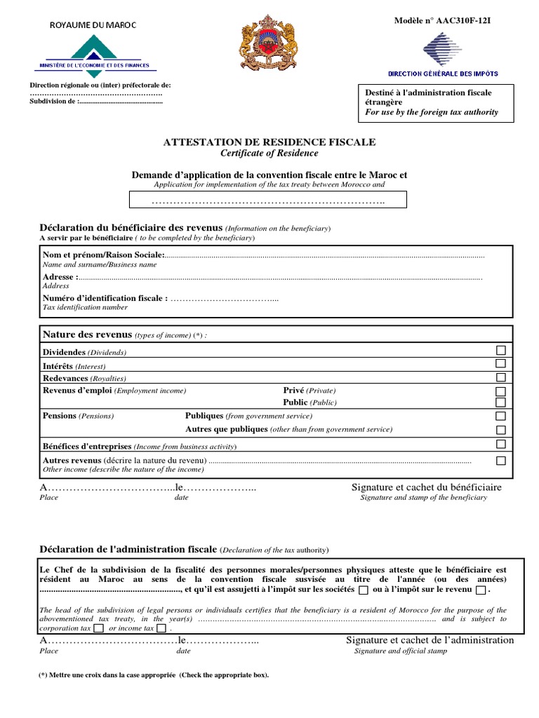 Attestation de Residence Fiscale | PDF