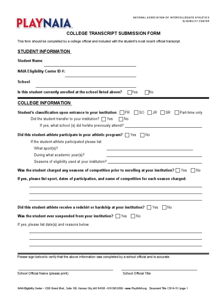 NAIA EligibilityCenter TranscriptSubmissionForm TRANSFER | PDF ...
