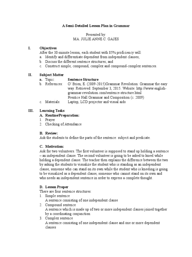 Sentence Structures: A Semi-Detaled Lesson Plan On Grammar | PDF ...