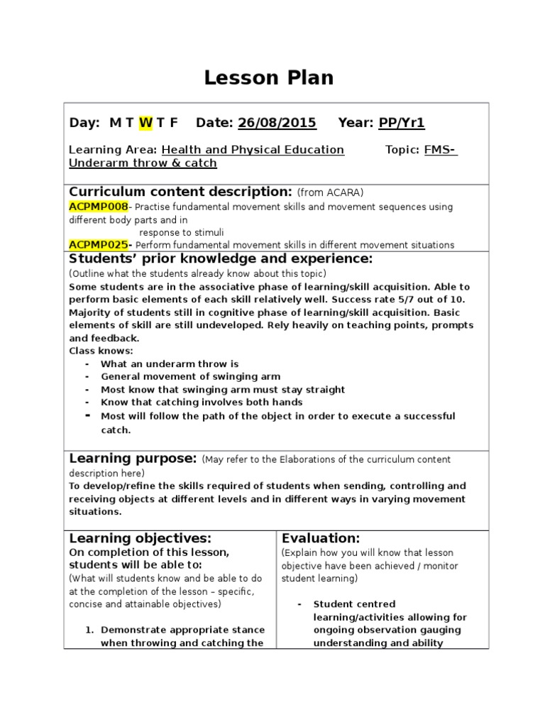 Lesson Plan - Fms Catch and Throw | PDF | Lesson Plan | Physical Education