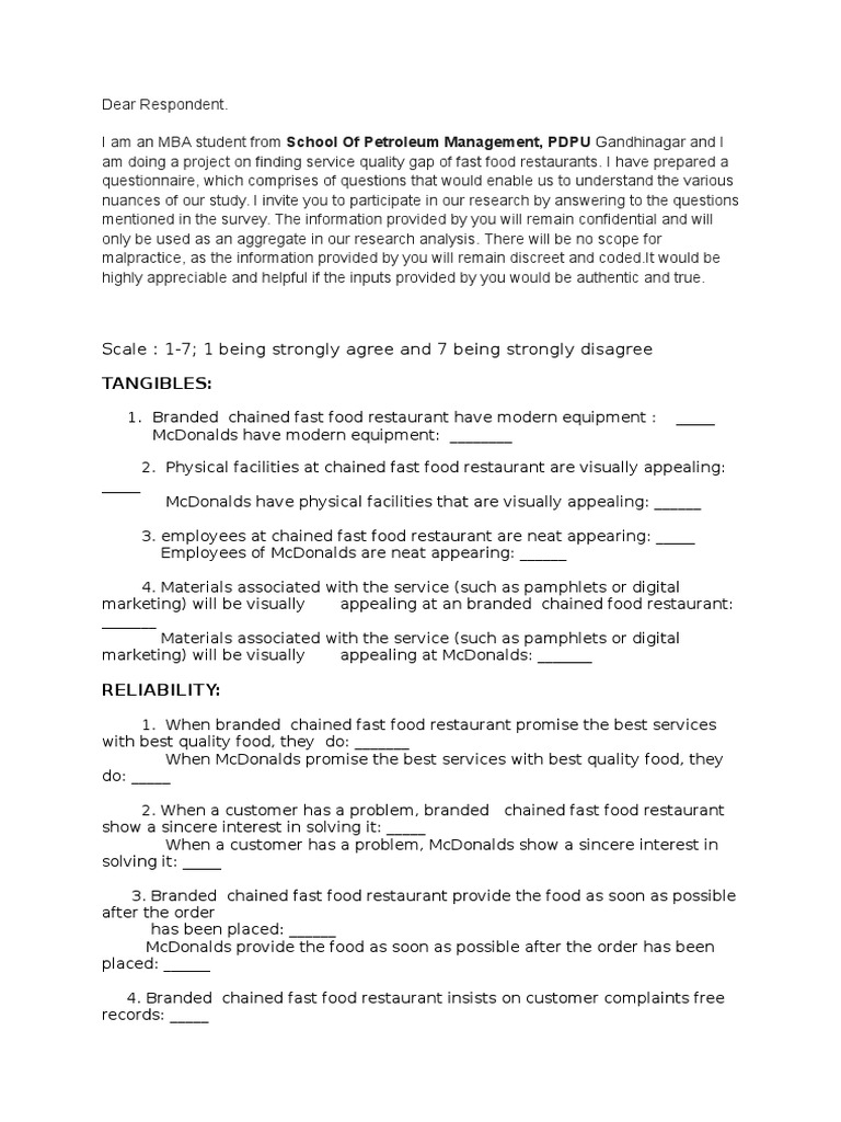 MCD Questionnaire | PDF | Fast Food Restaurants | Mc Donald's