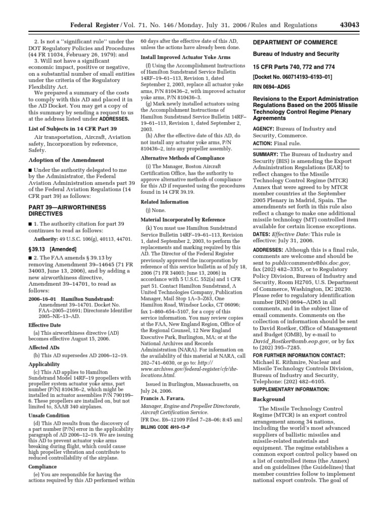 Rule: Export Administration Regulations: Commerce Control List— Missile ...