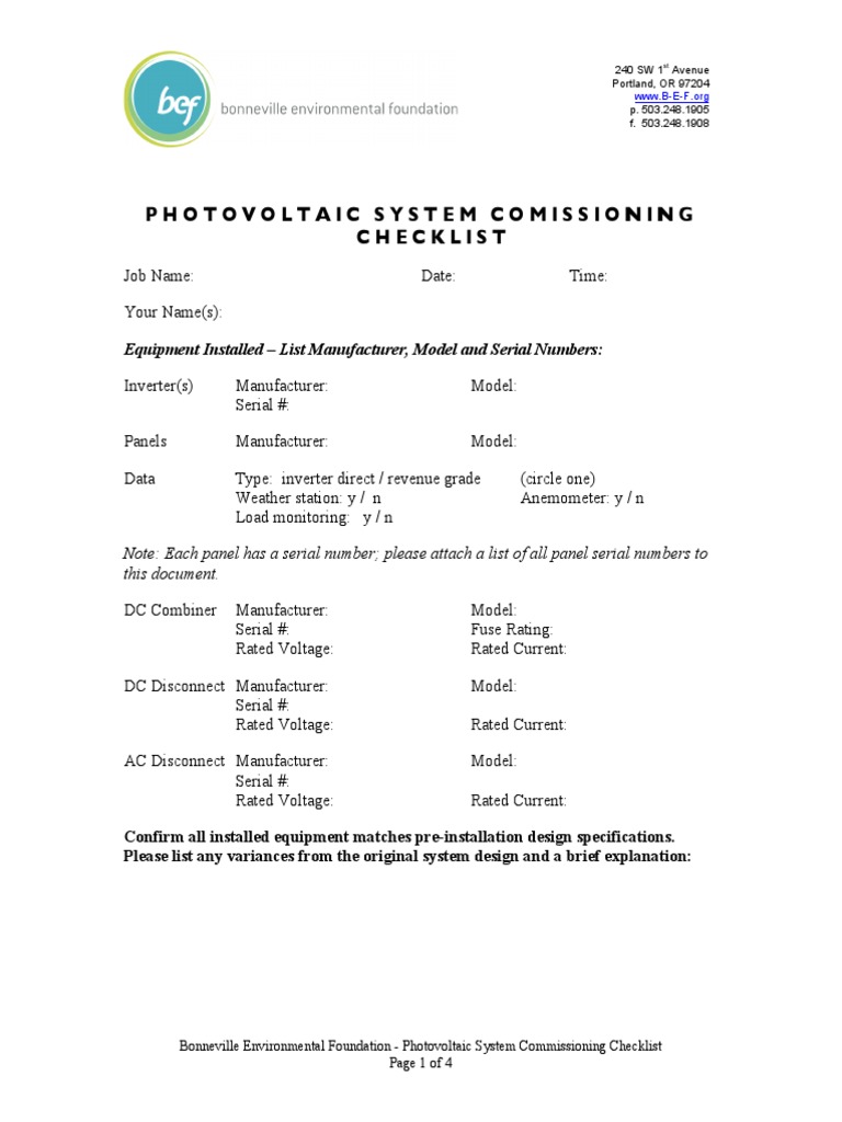 Photovoltaic System Commissioning Checklist | PDF | Electrical Wiring ...