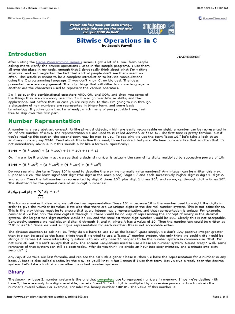 Bitwise Operations in C: Game Programming Genesis | PDF | Bit | Numbers