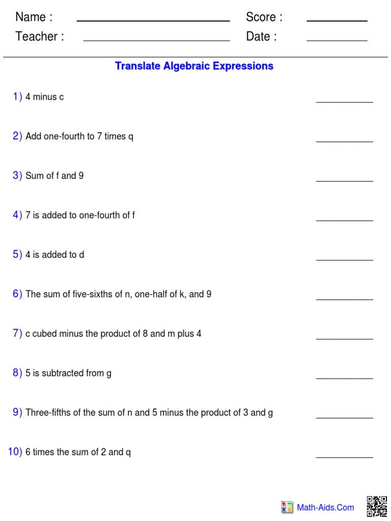 Translate Algebraic Expressions Guide | PDF