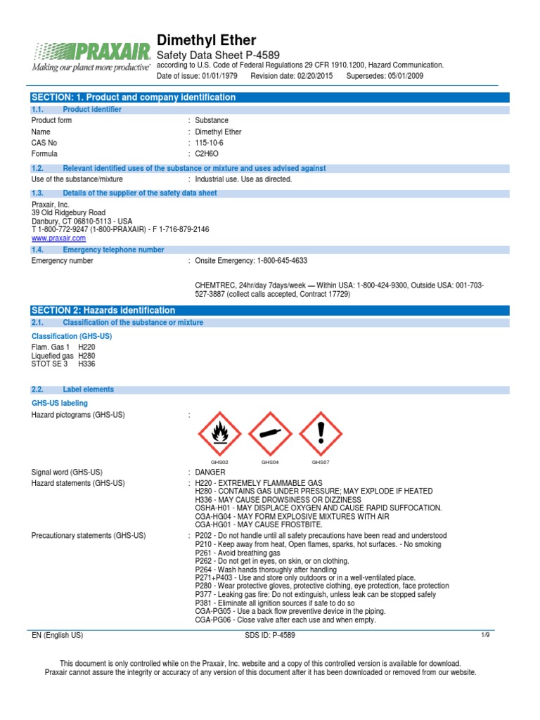 Dimethyl Ether C2H6O Safety Data Sheet SDS P4589 | PDF | Firefighting ...