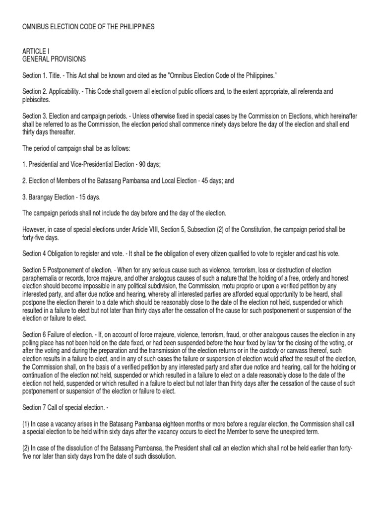 Omnibus Election Code of The Philippines | PDF | President Of The ...