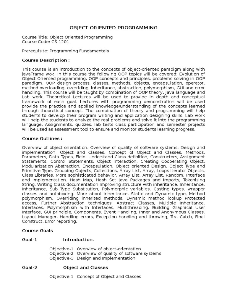 Oop Course Outline Pdf Object Oriented Programming Object Computer Science 6171
